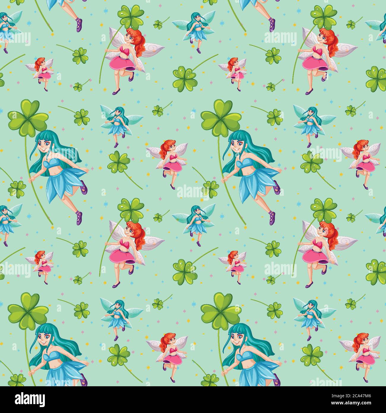 Seamless fairy tales and lucky clover cartoon style on green background ...