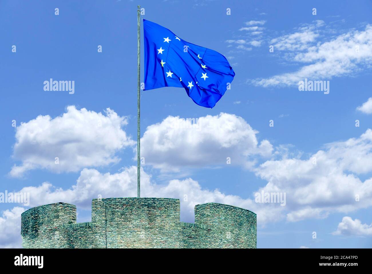 European Union flag unfurled in the wind on a tower of Castel Sant ...