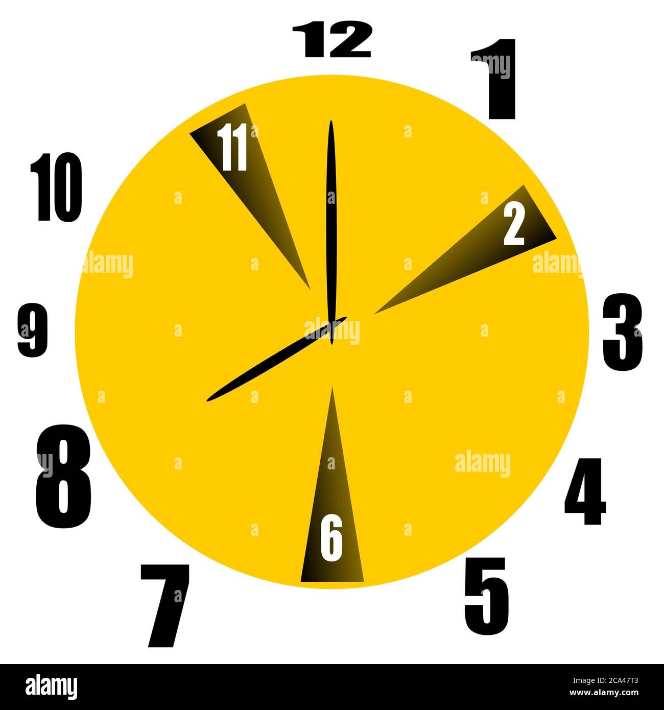 Abstract clock drawing with yellow circle and black and scattered ...