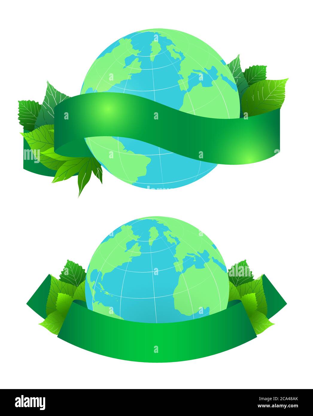 Vector illustration of planet Earth with leaves and green ribbon for ...
