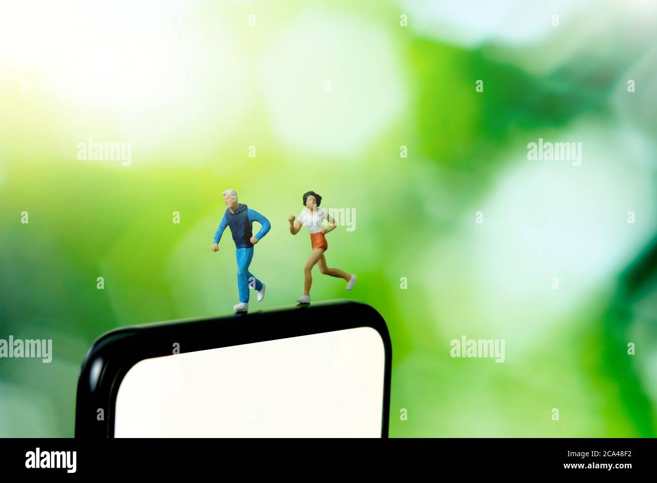 Running and jogging tracking app concept. A men and women running above ...