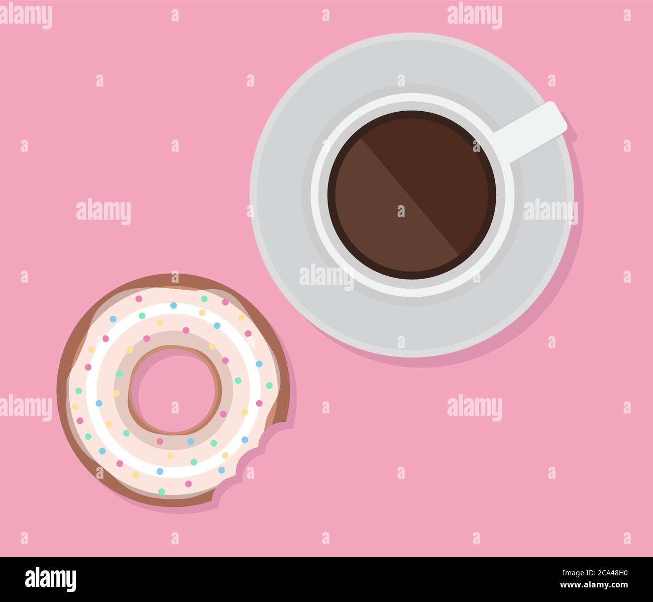 Vector illustration of cup of coffee and donut. View from above. Lunch ...