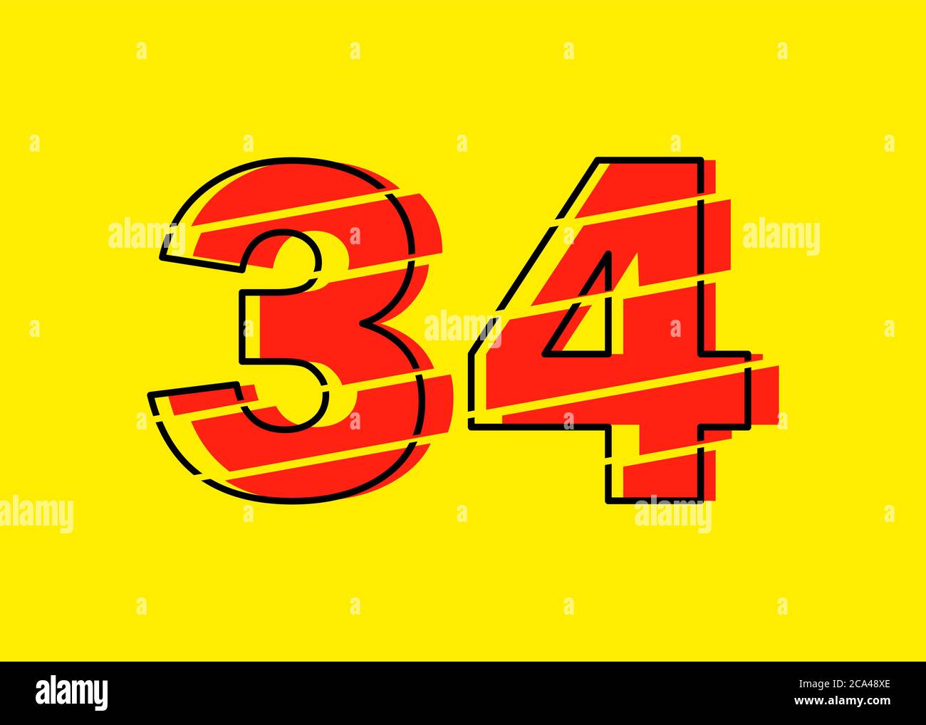Glitch Modern Red 34 Number Design Vector Illustration. Numeral Vector ...