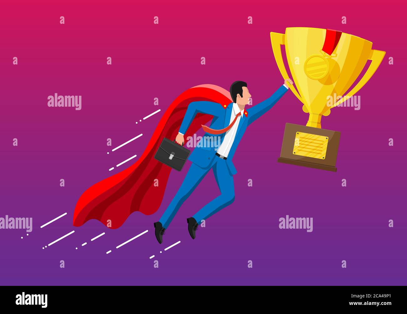 Super businessman in cloak with golden trophy. Business man hero flying ...