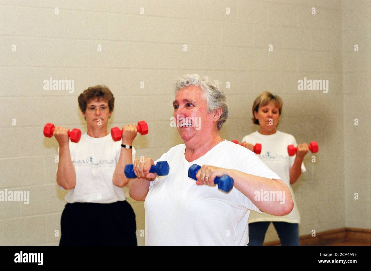 Elderly women taking part in keep fit class; Huddersfield; Yorkshire UK ...