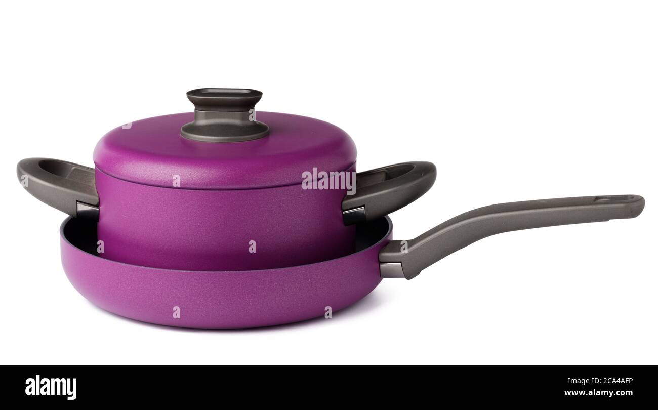 Frying pan and casserole of purple color isolated on white Stock Photo ...