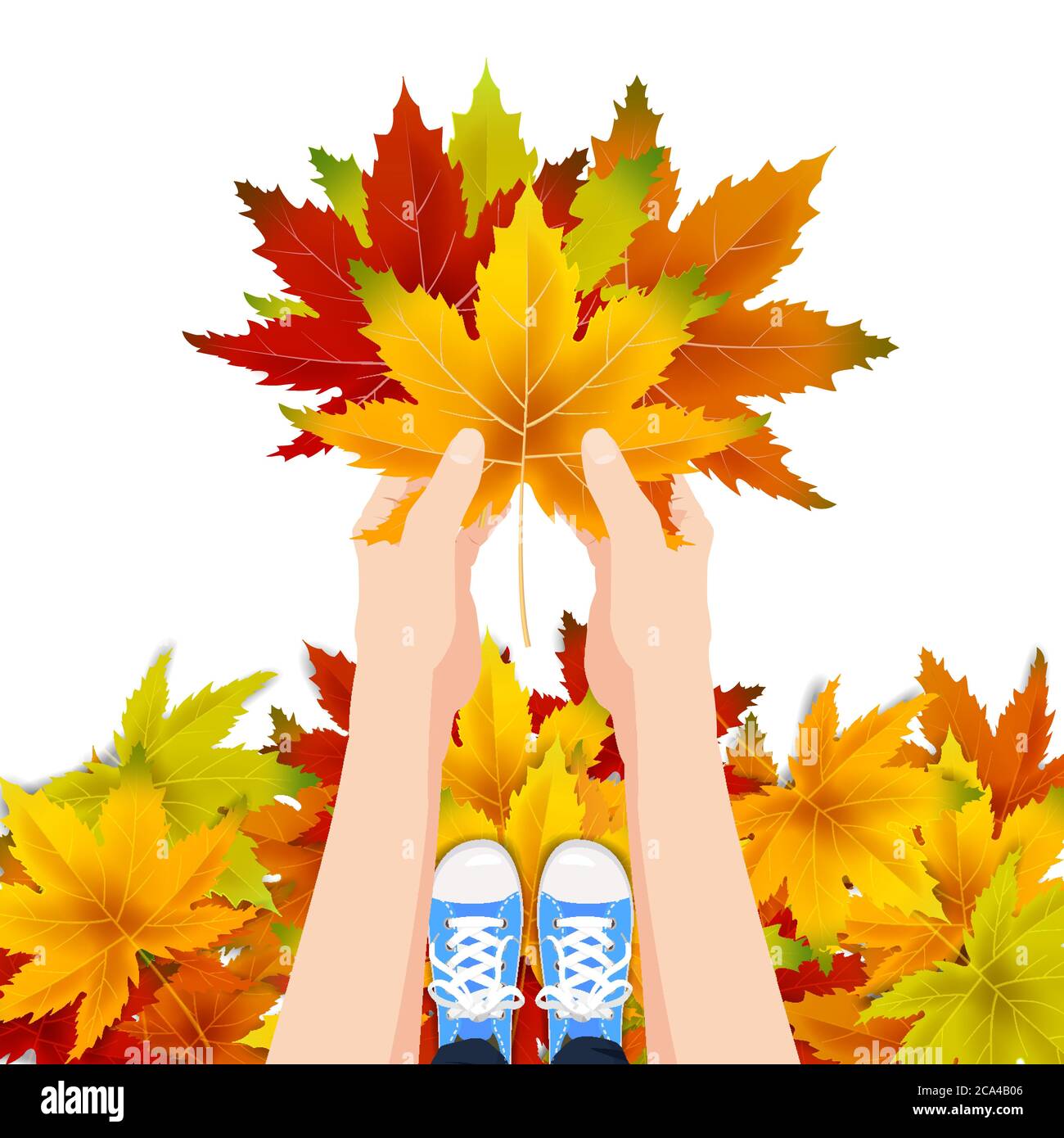 Hands hold autumn colorful leaves bright bouquet fall, floral. Hello ...