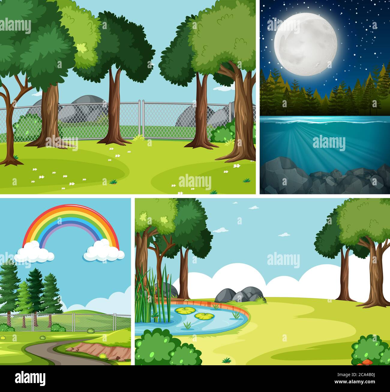 Four different scenes in nature setting cartoon style illustration ...