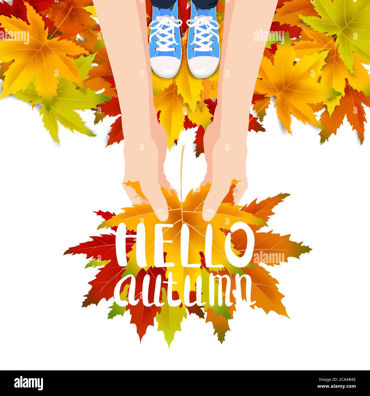 Hands hold autumn colorful leaves bright bouquet fall, floral. Hello ...