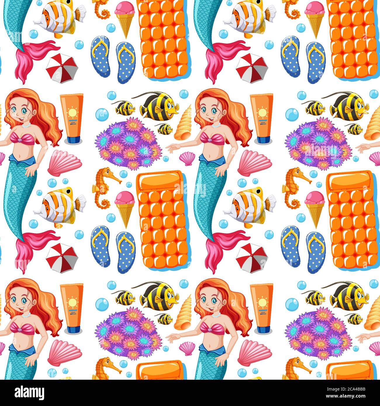 Seamless mermaid and summer icon cartoon character on white background ...