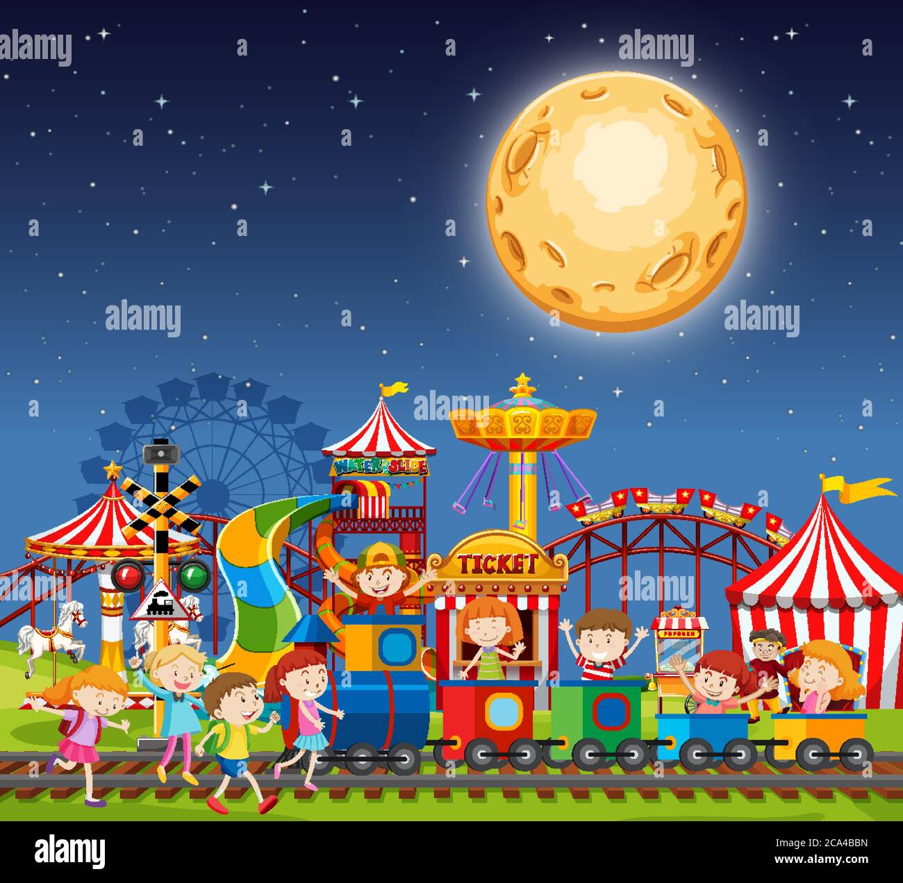 Amusement park scene at night with big moon in the sky illustration ...