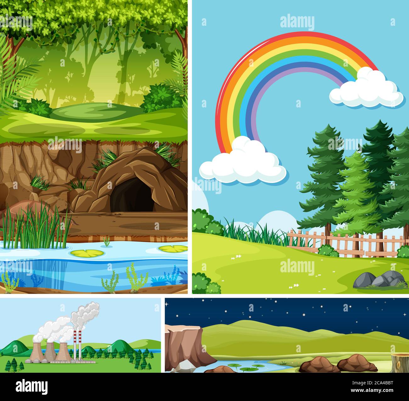 Four different scenes in nature setting cartoon style illustration ...