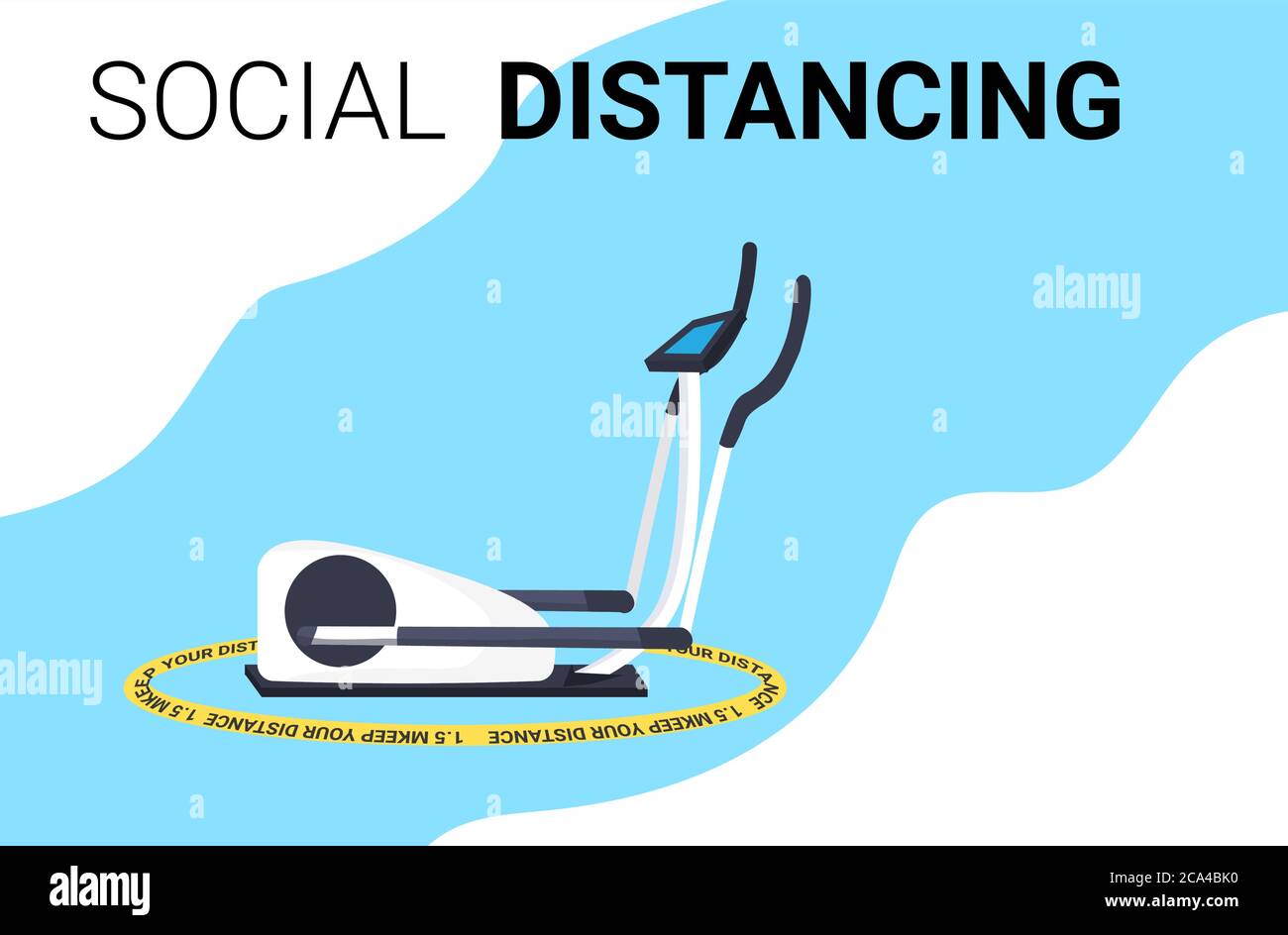 stationary exercise machine in yellow round sign keep distance to ...