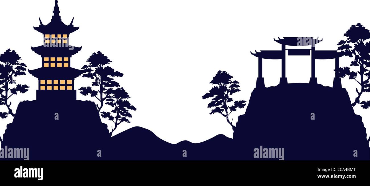 japanese archs and castle monuments architecture vector illustration ...