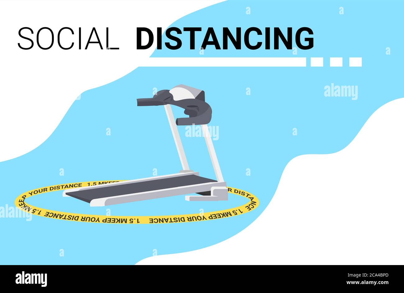 treadmill in yellow round sign keep distance to prevent coronavirus ...