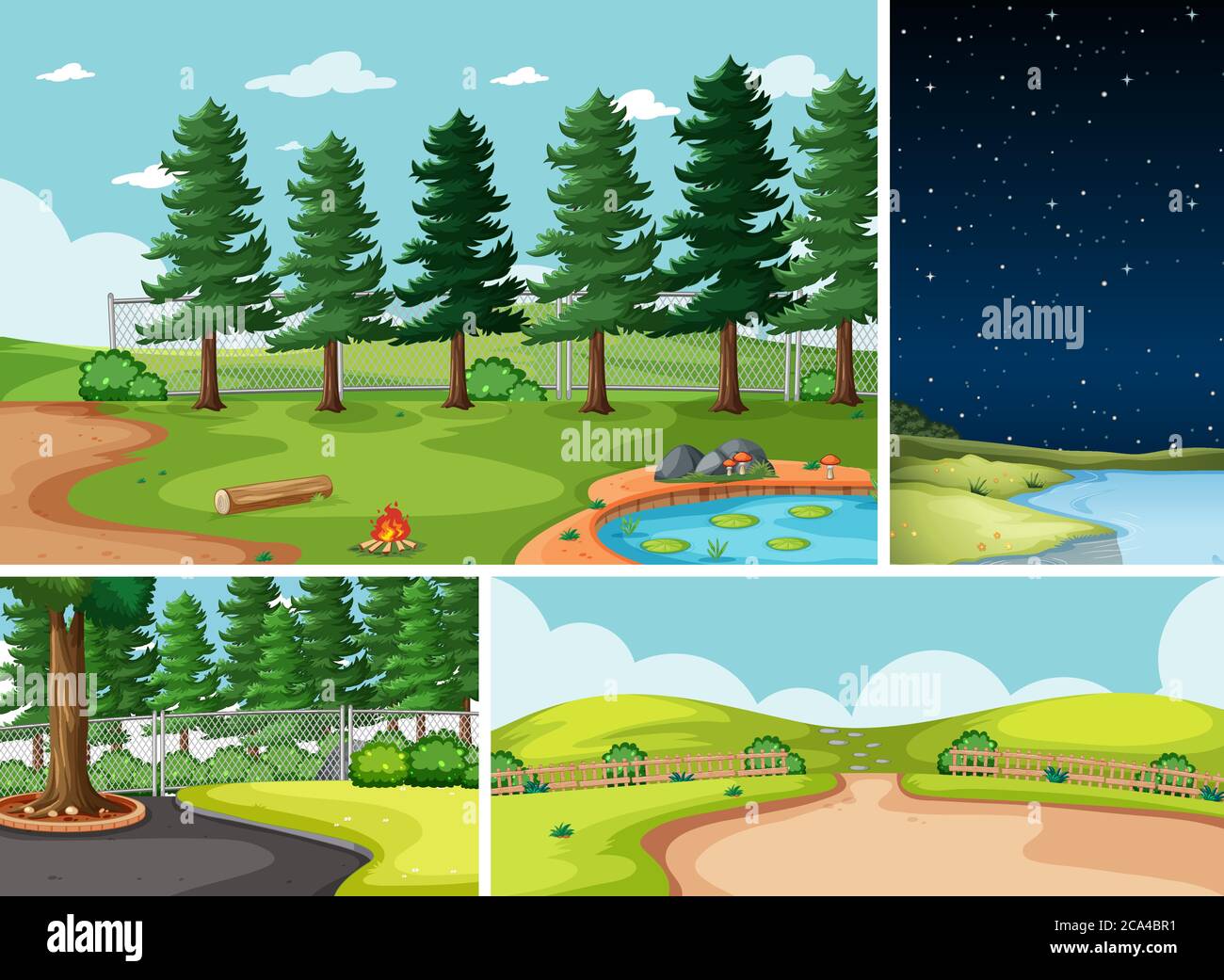 Four different scenes in nature setting cartoon style illustration ...