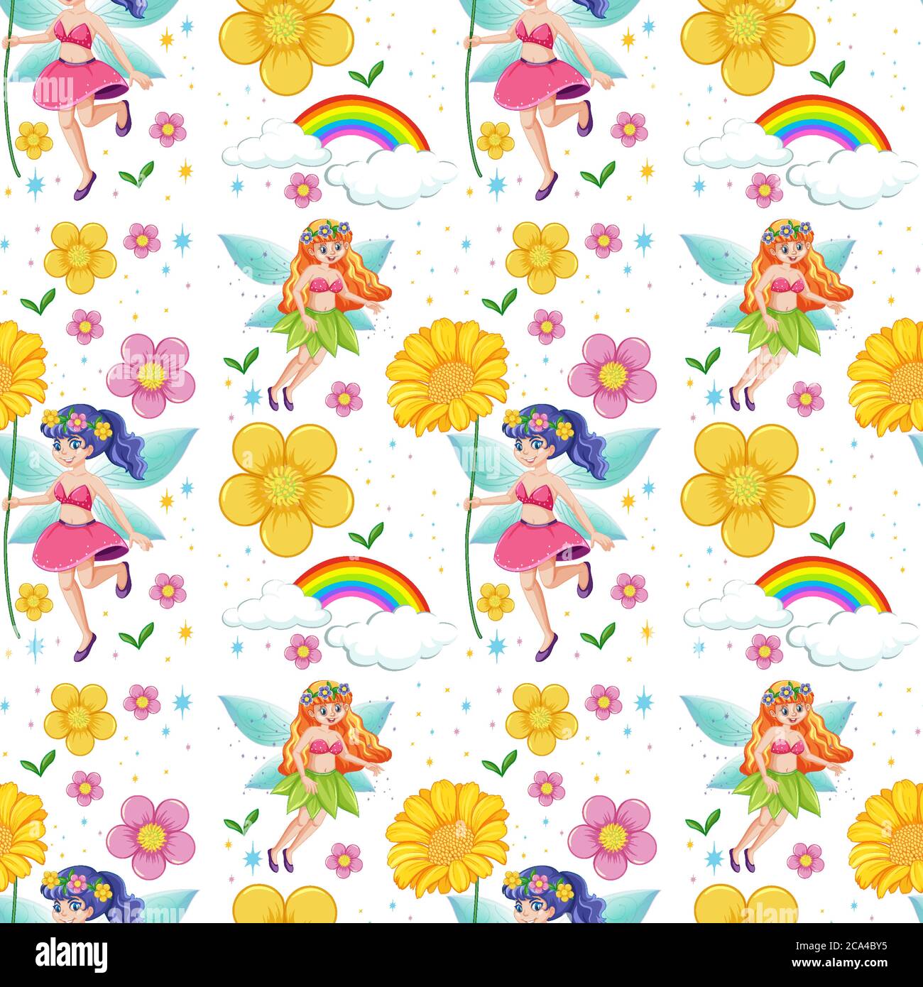 Seamless fairy tales with rainbow and flowers cartoon style on white ...