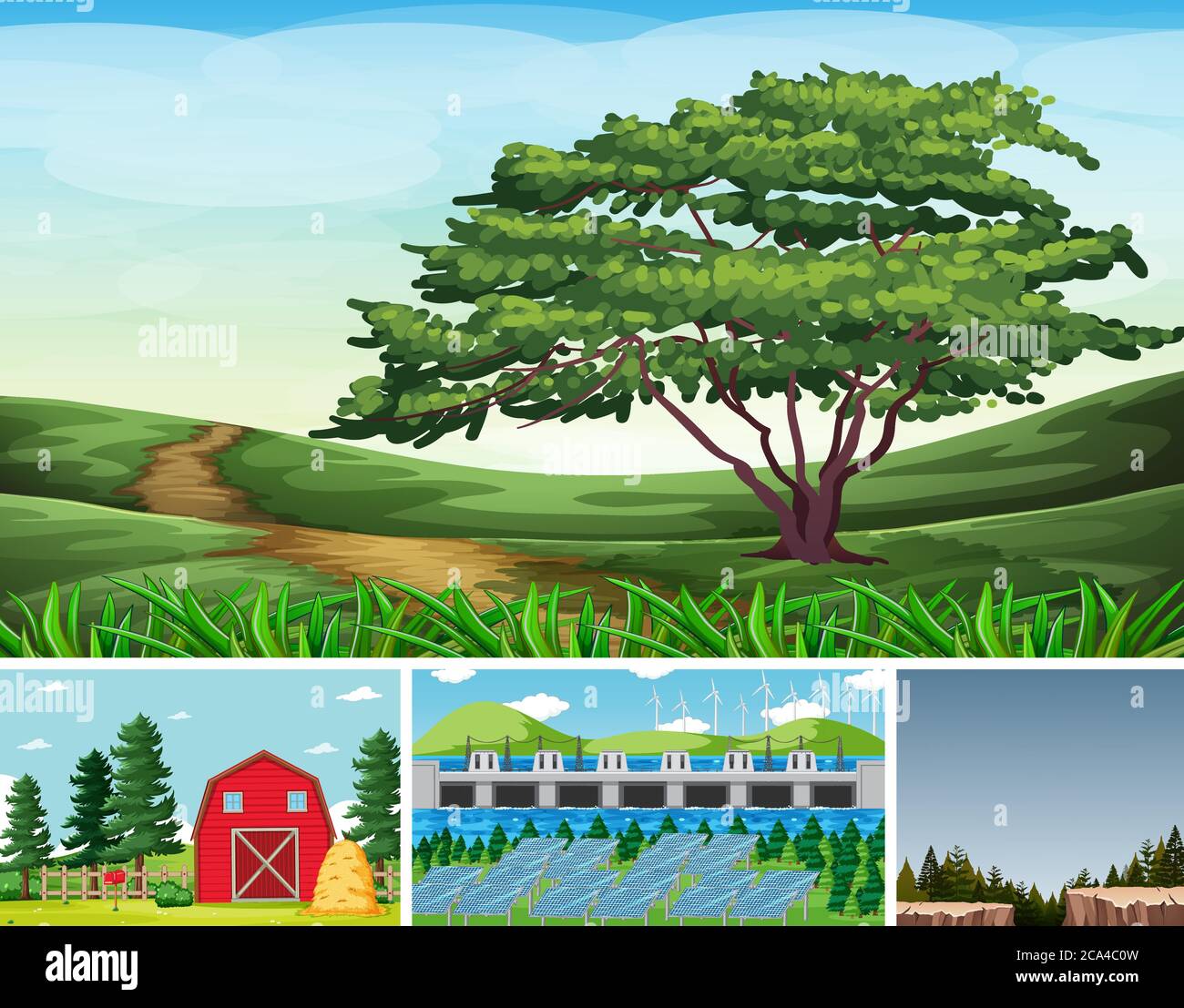 Four different scenes in nature setting cartoon style illustration ...