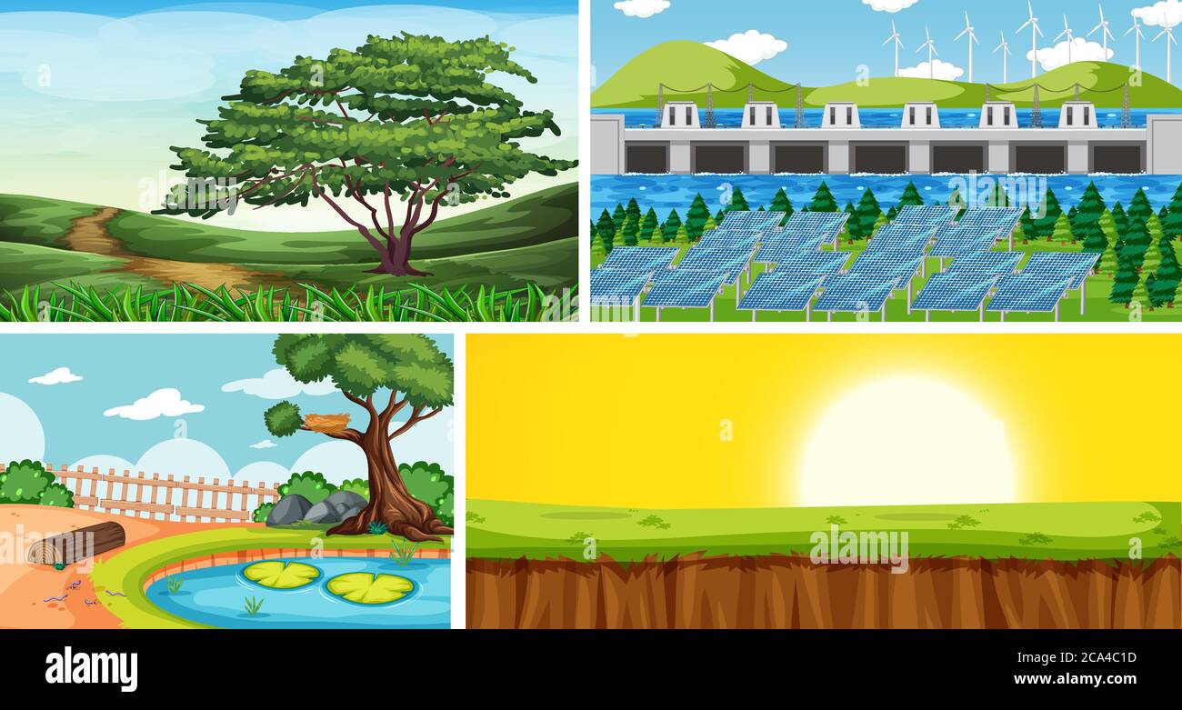 Four different scenes in nature setting cartoon style illustration ...