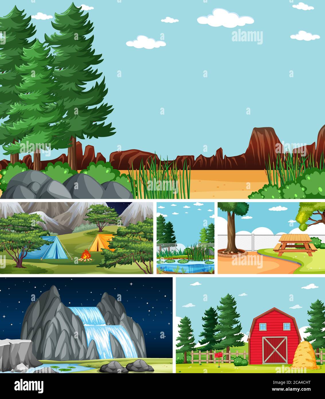Six different scenes in nature setting cartoon style illustration Stock ...