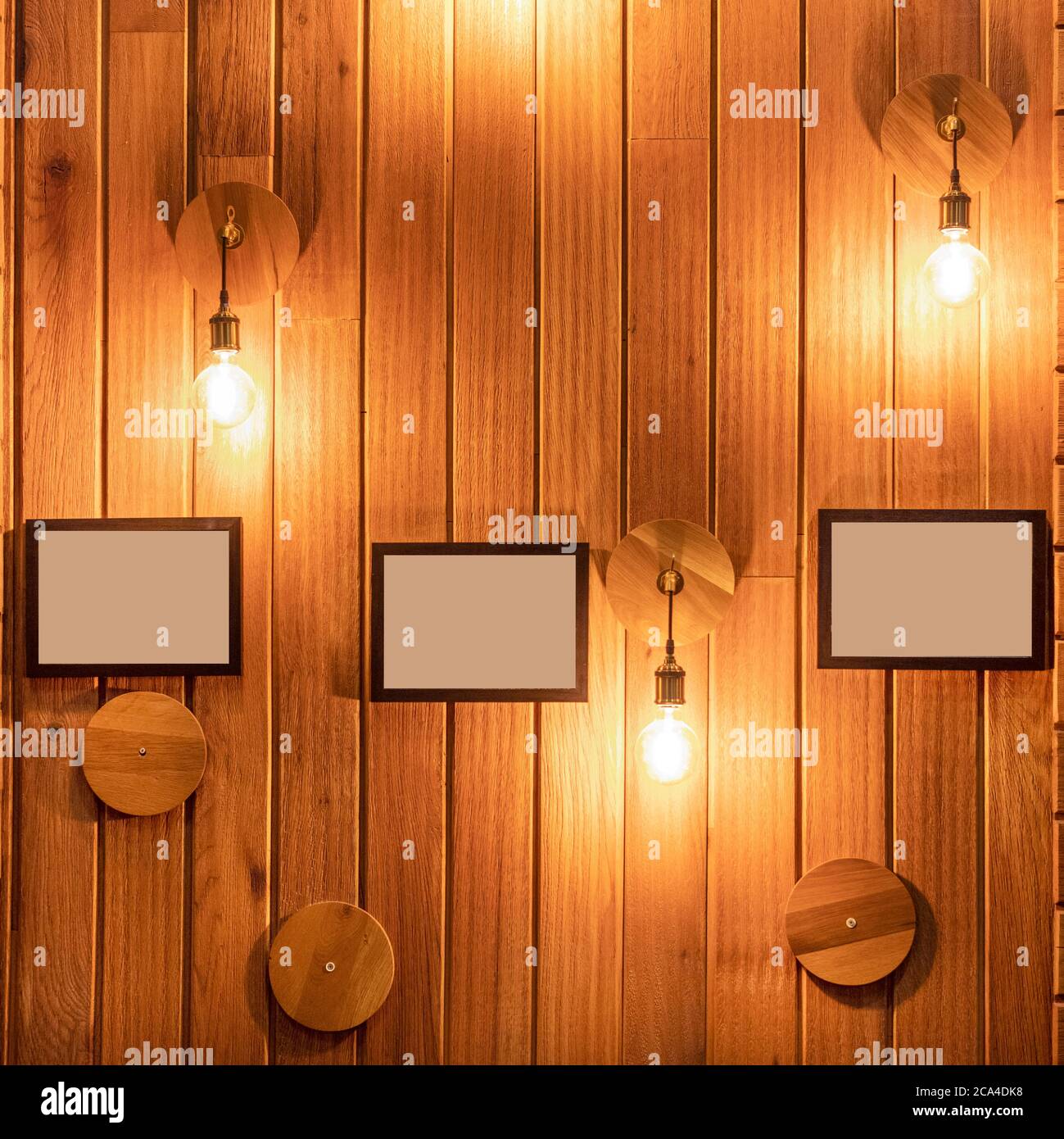 Restaurant, pub interior with photo frames, wooden wall Stock Photo - Alamy