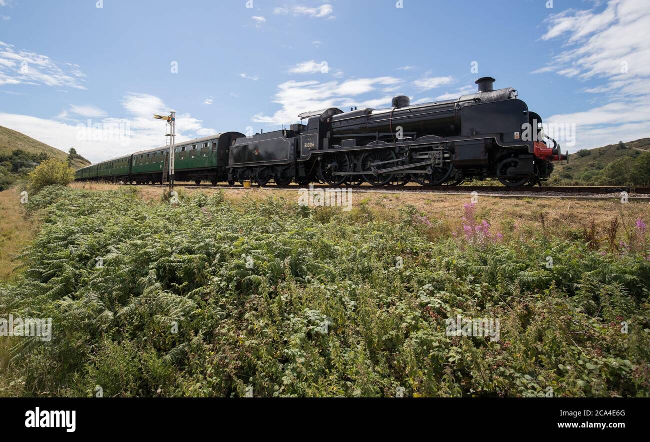 The SR U Class steam locomotive 31806 passes Corfe Castle on the ...