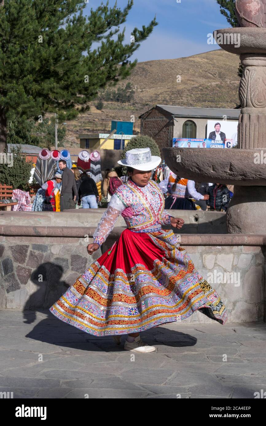 Chivay, Peru - september 26, 2018: A group of young ethnic Peruvian ...