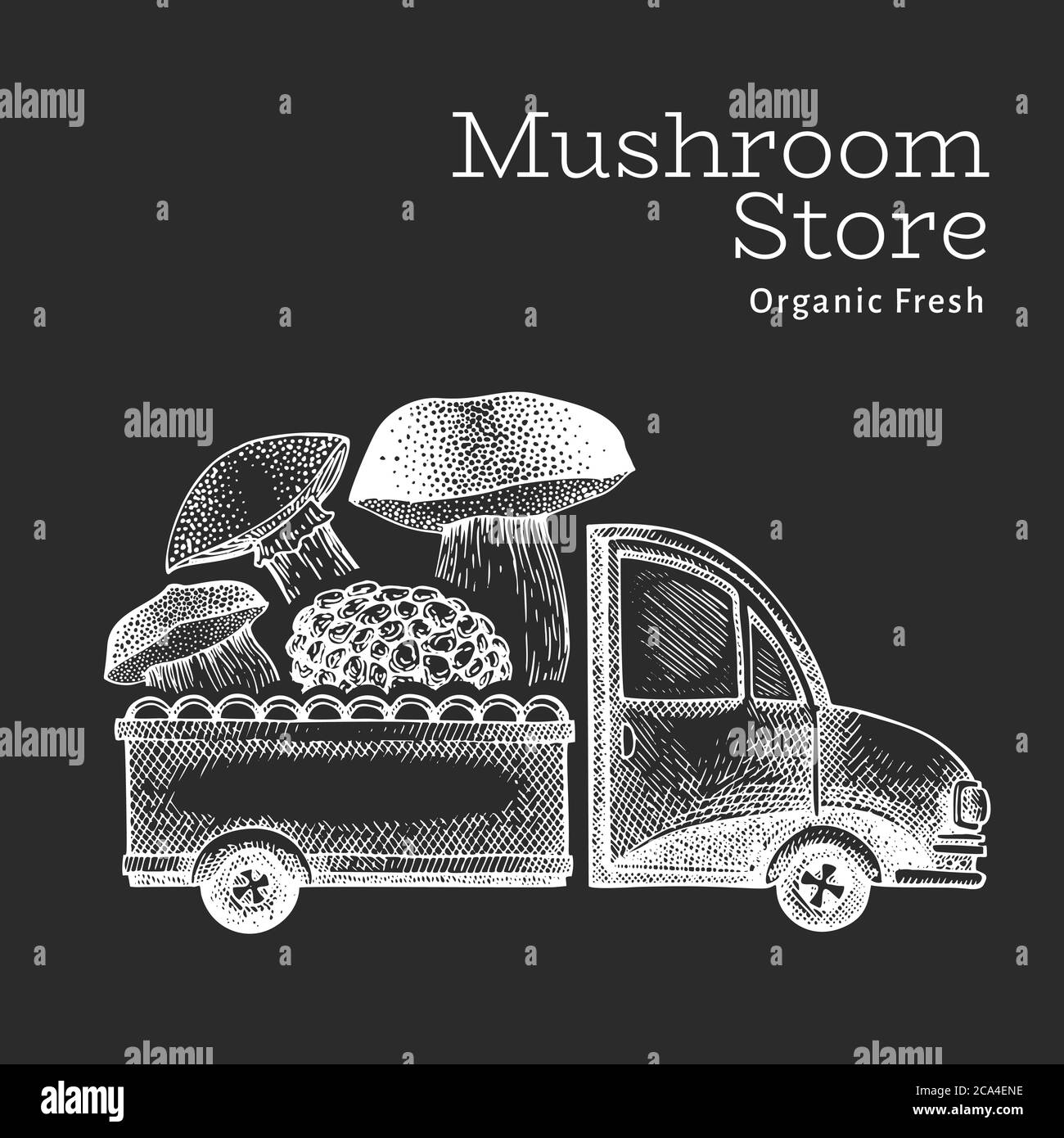 Mushroom shop delivery logo template. Hand drawn vector truck with ...
