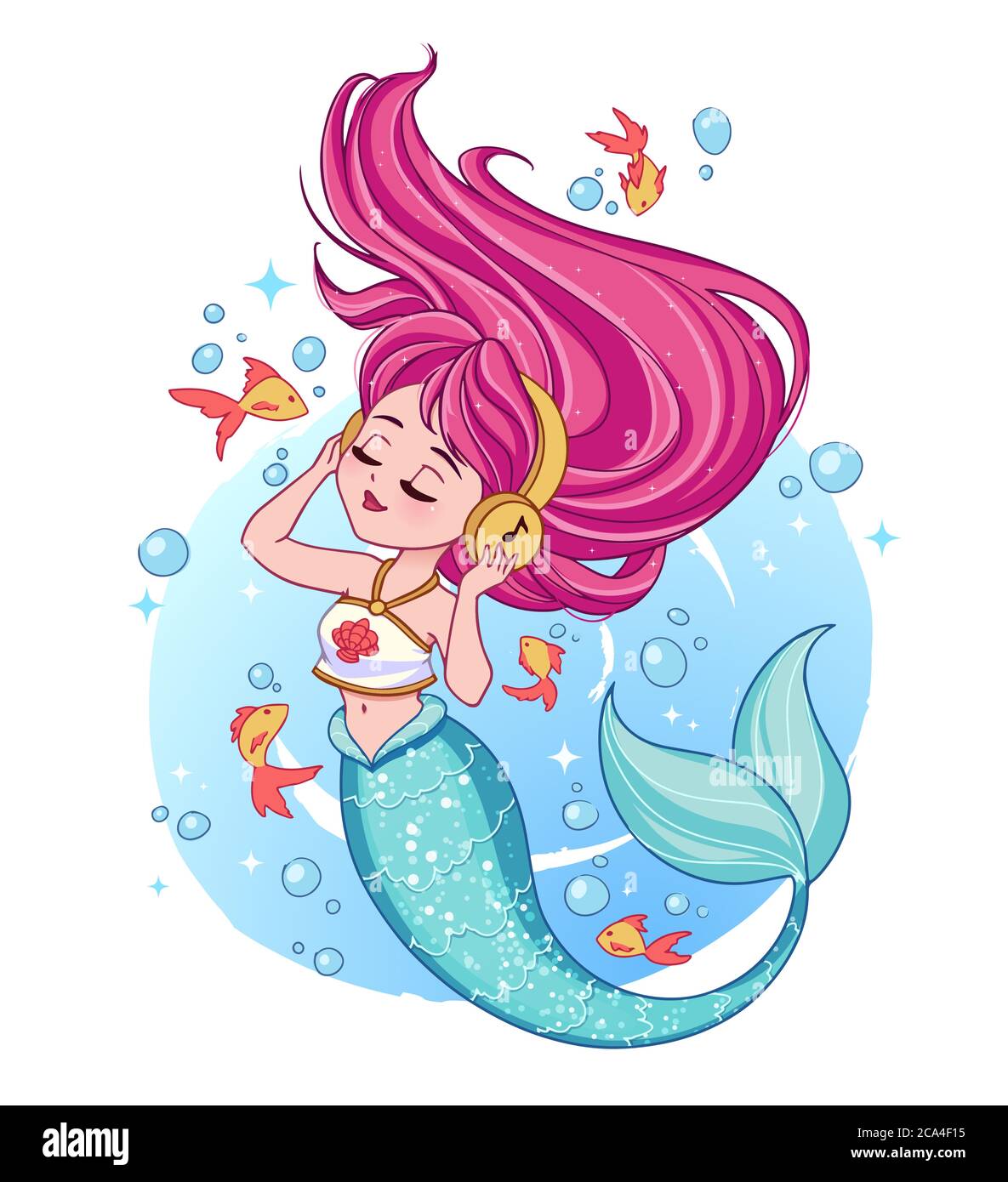 Cute pink haired mermaid wearing a t-shirt listen to music. Little ...