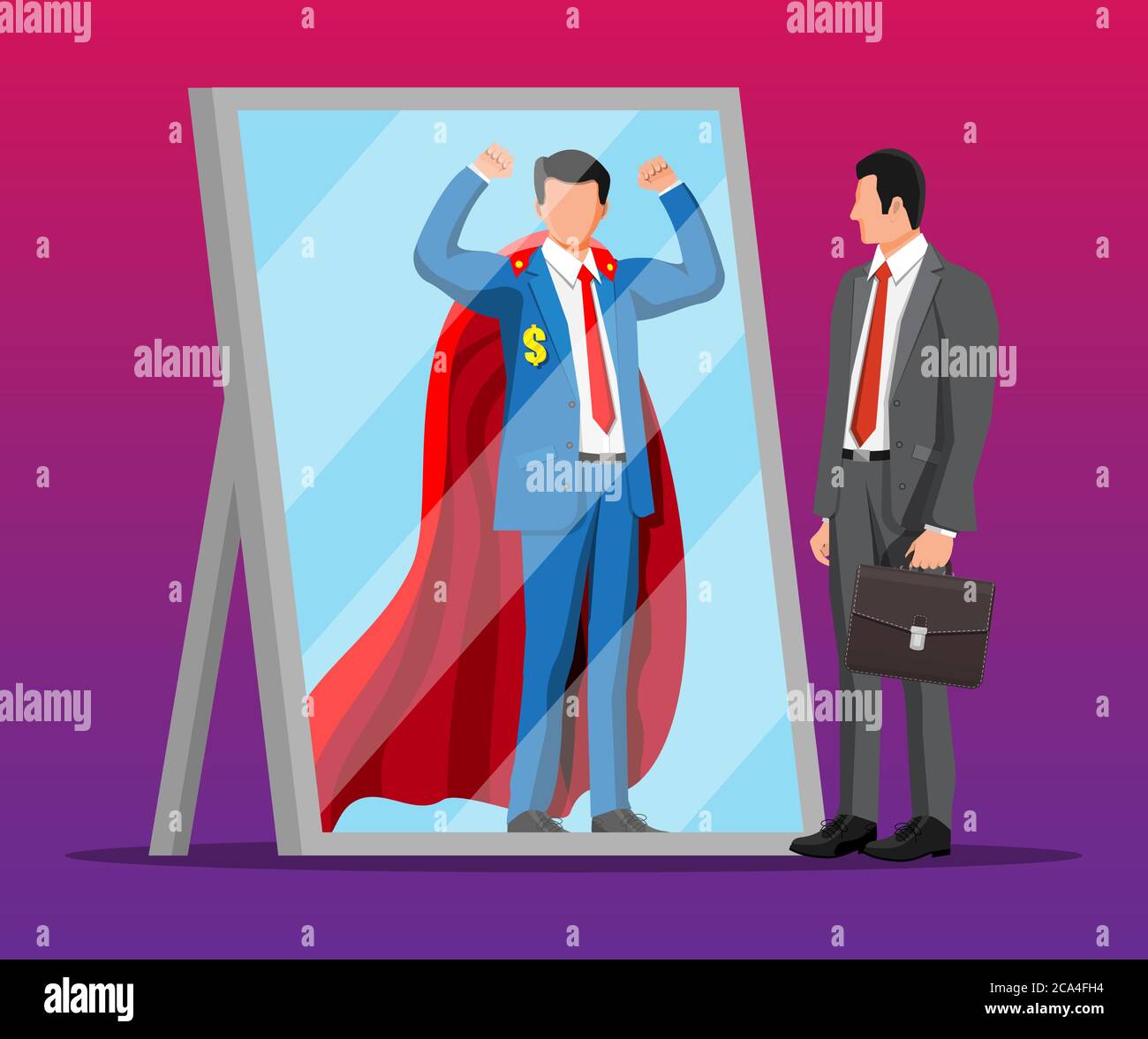 Businessman facing himself as superhero in mirror. Business ambition ...