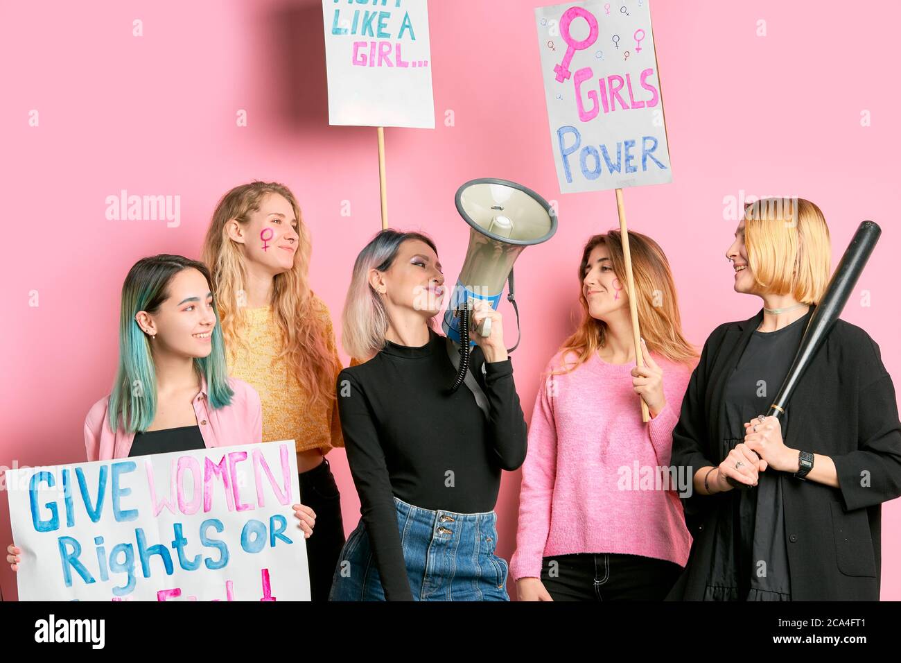 group of young caucasian feminists girls, independent five female ...