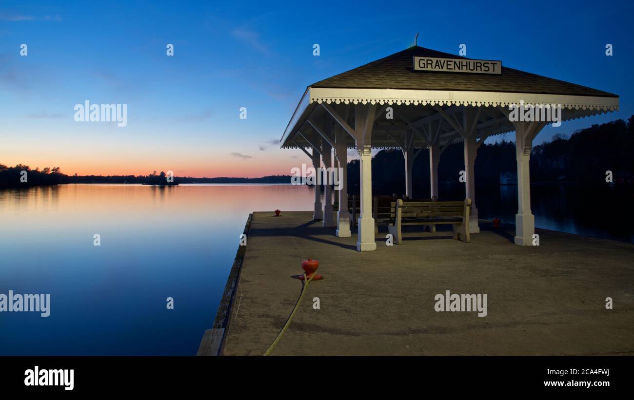 Landscape scene of the pier at twilight, Gravenhurst, Ontario, Canada ...
