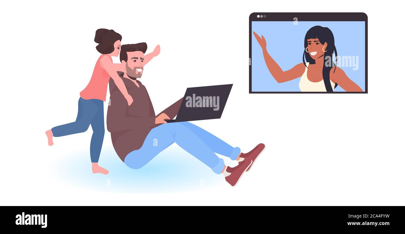father and daughter having virtual meeting with mother during video ...