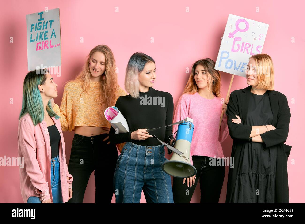 group of young caucasian feminists girls, independent five female ...