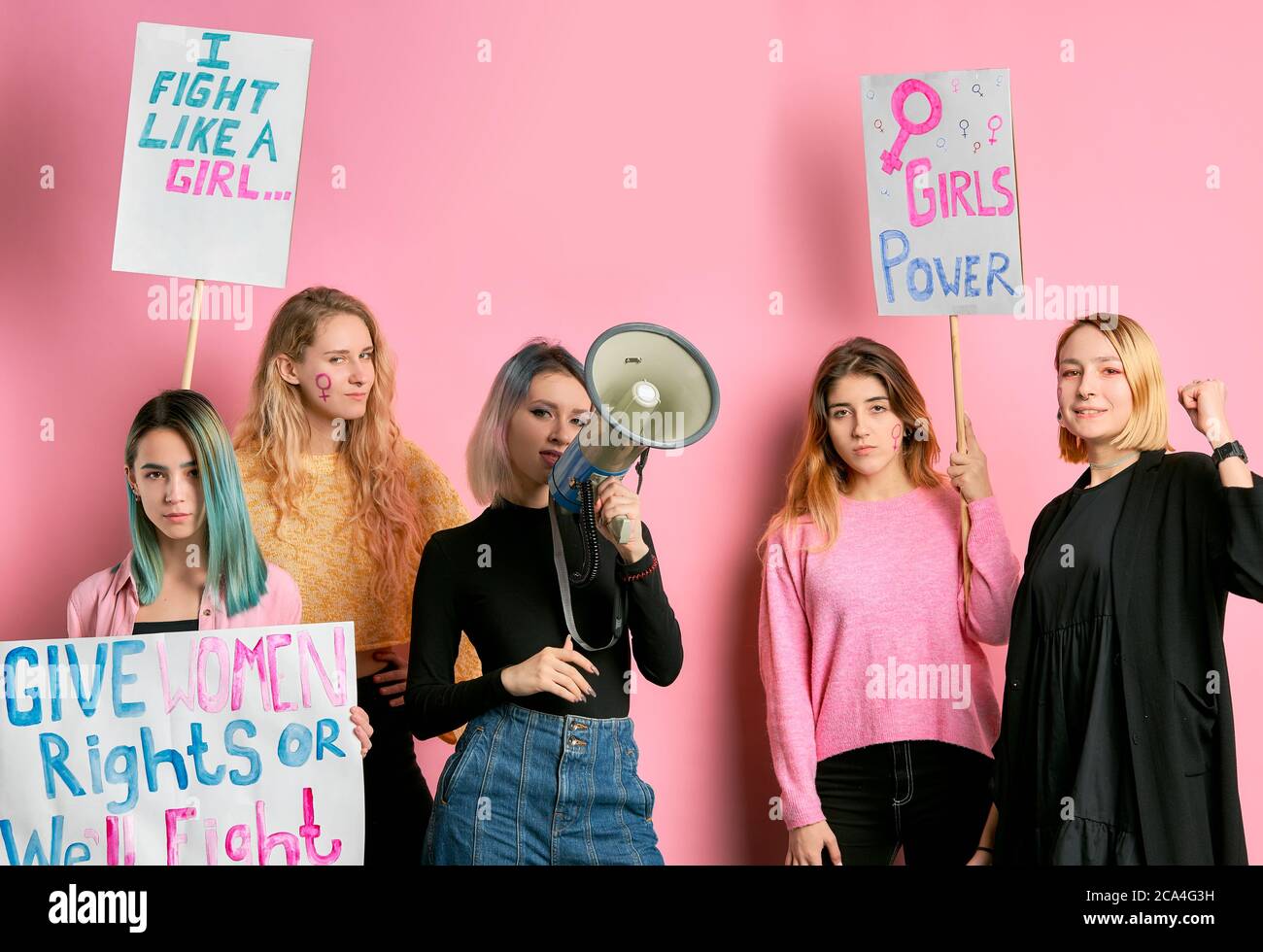 independence, feminism, freedom concept. five young girls feminists ...
