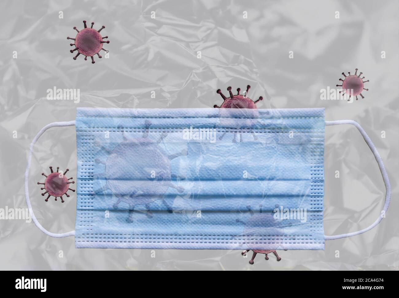 Medical corona virus mask behind plastic film with corona virus on and ...