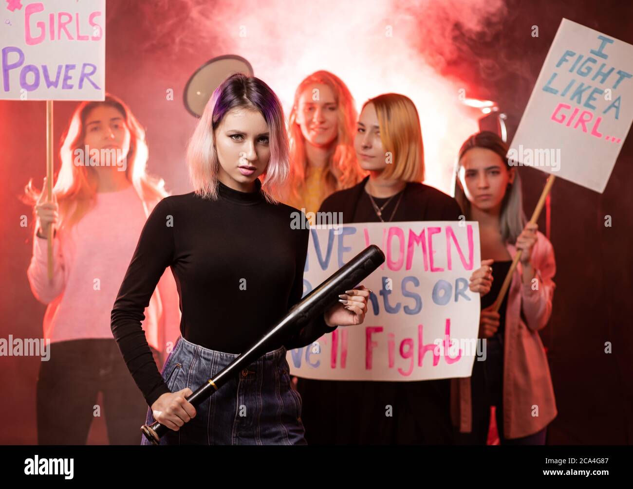 portrait of five angry feminists girls of caucasian appearance ...