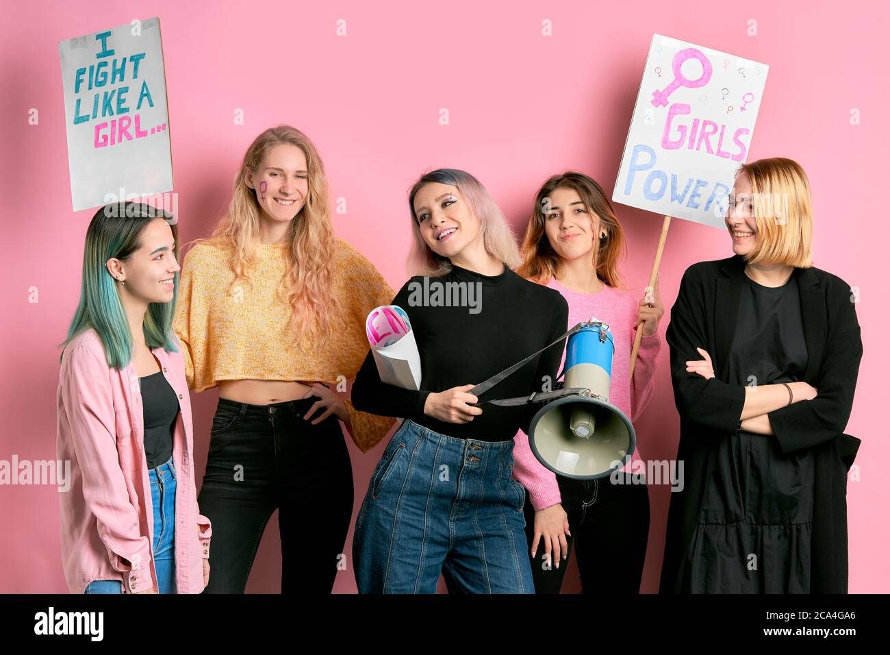 independence, feminism, freedom concept. five young girls feminists ...
