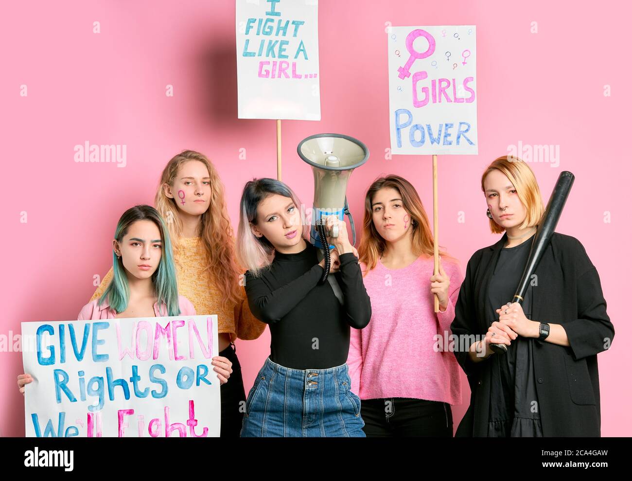 independence, feminism, freedom concept. five young girls feminists ...
