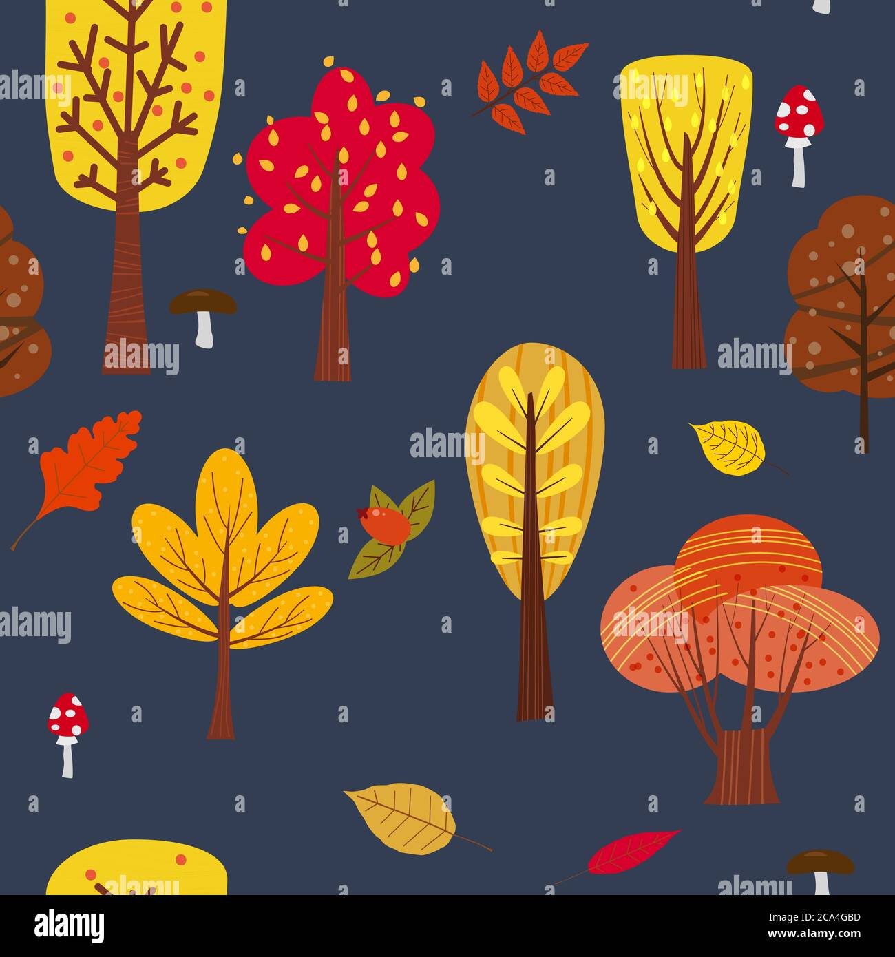 Seamless tree pattern forest woodland with leaves and mushrooms ...