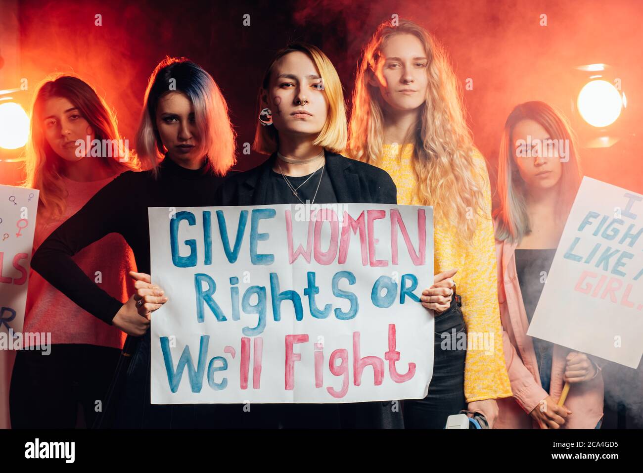 portrait of five angry feminists girls of caucasian appearance ...