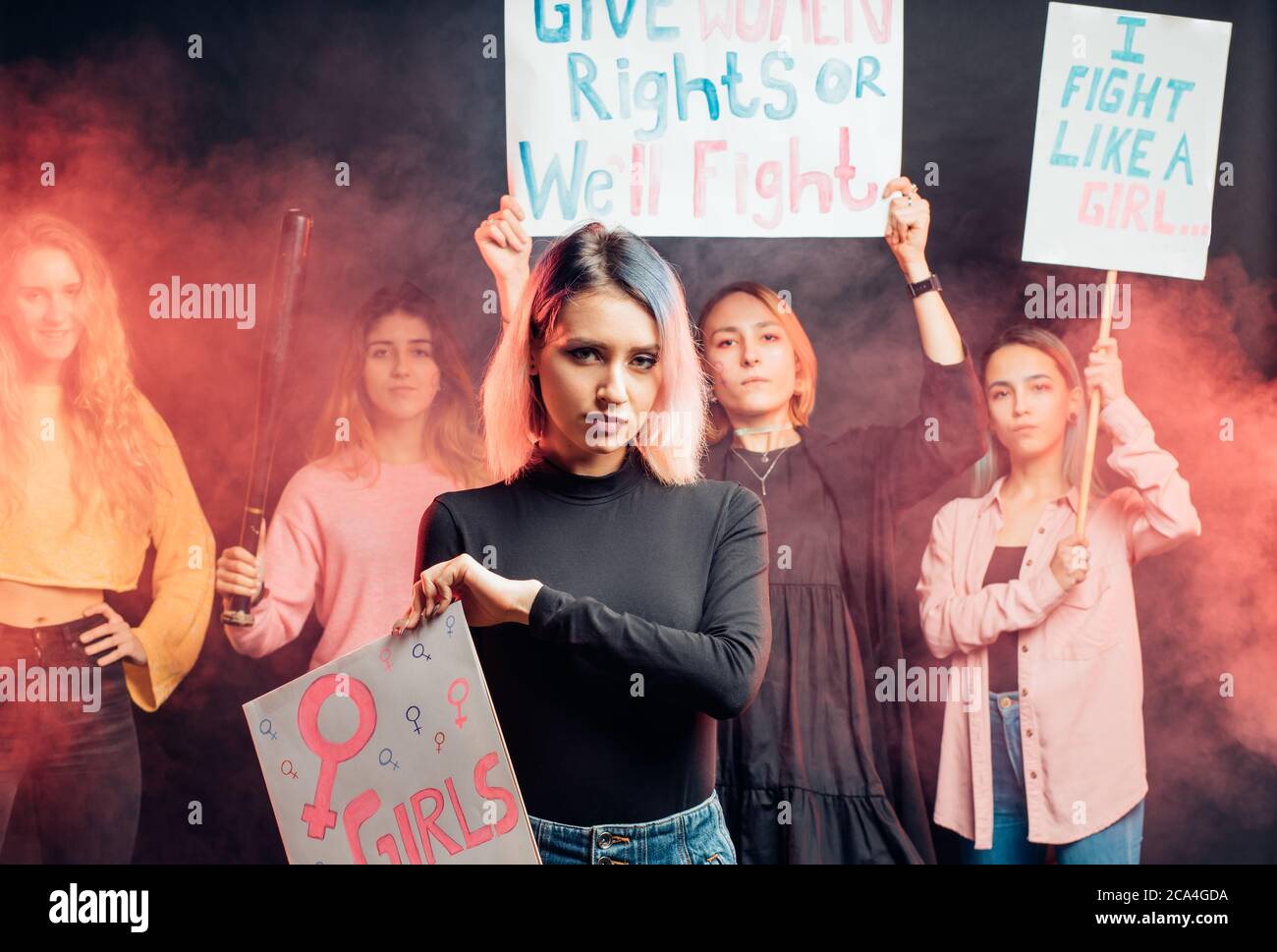 portrait of five angry feminists girls of caucasian appearance ...