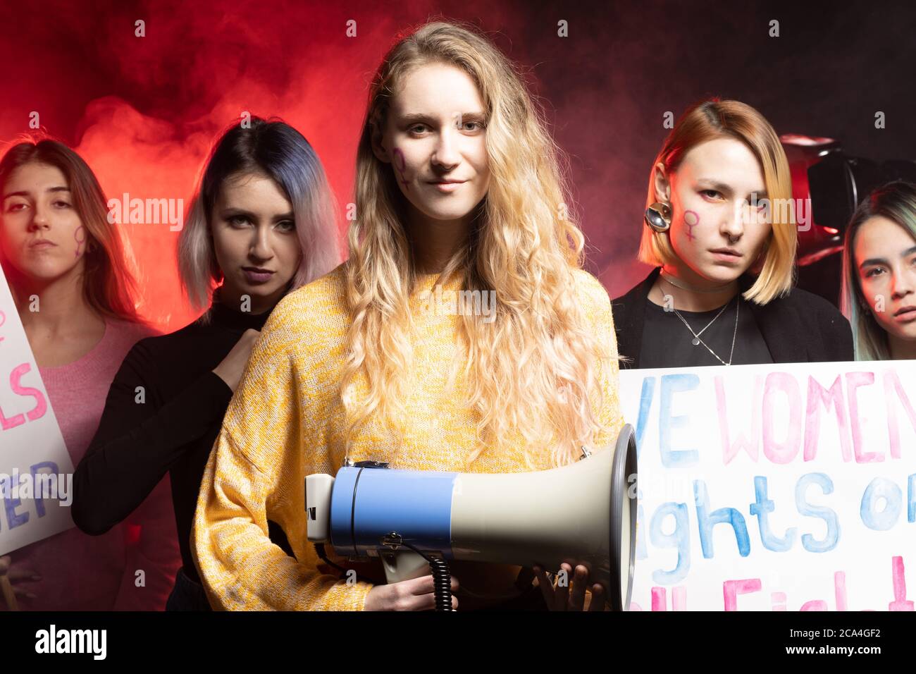 portrait of five angry feminists girls of caucasian appearance ...