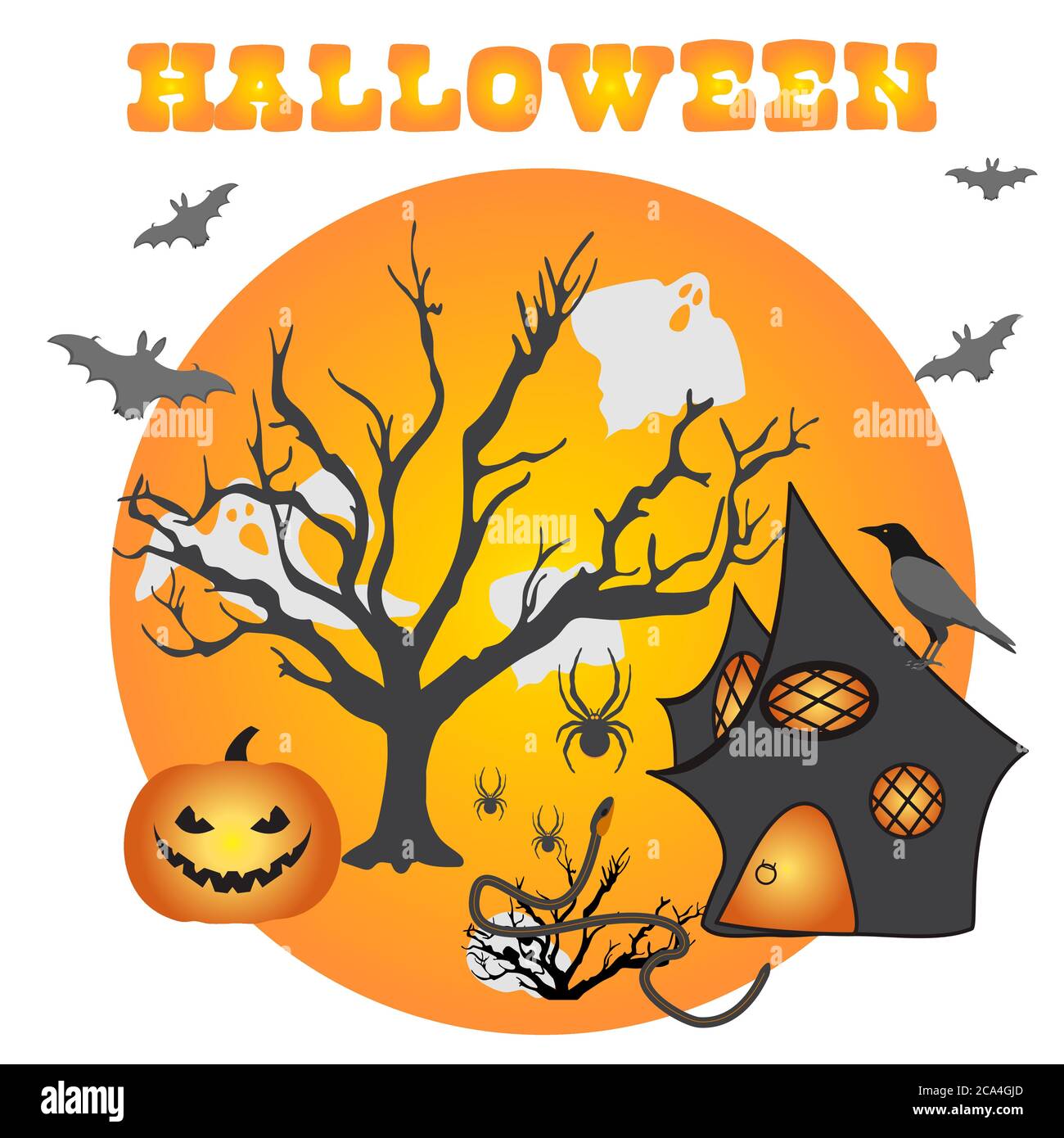 Halloween Party Vector illustration Full moon, bat, tree, creepy house ...