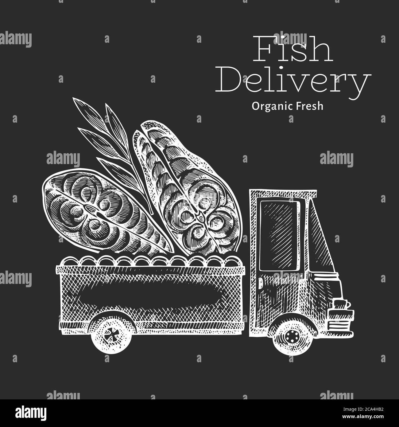 Fish shop delivery logo template. Hand drawn vector truck with fish ...