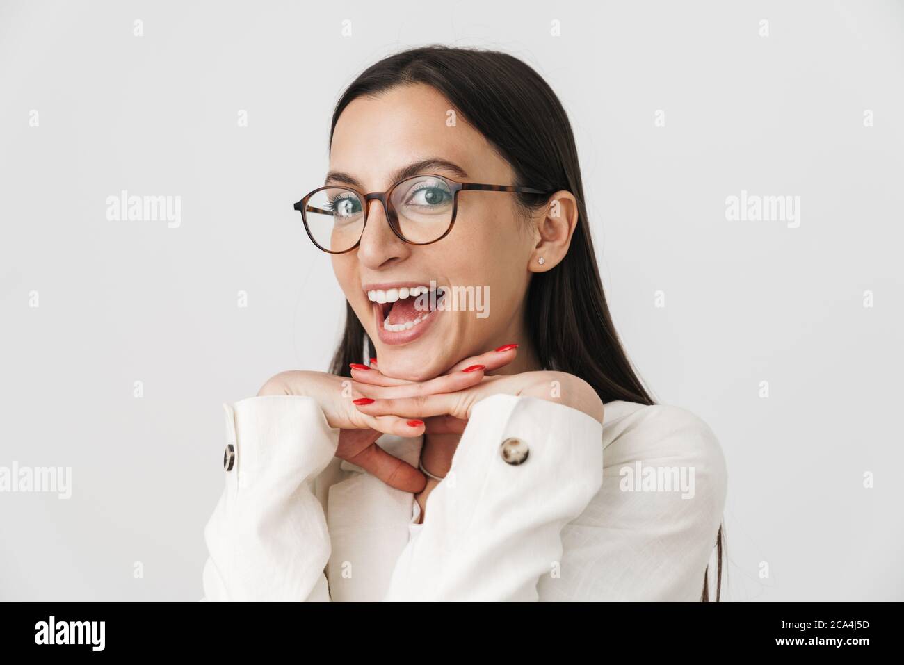 Photo of excited businesswoman in eyeglasses laughing at camera ...