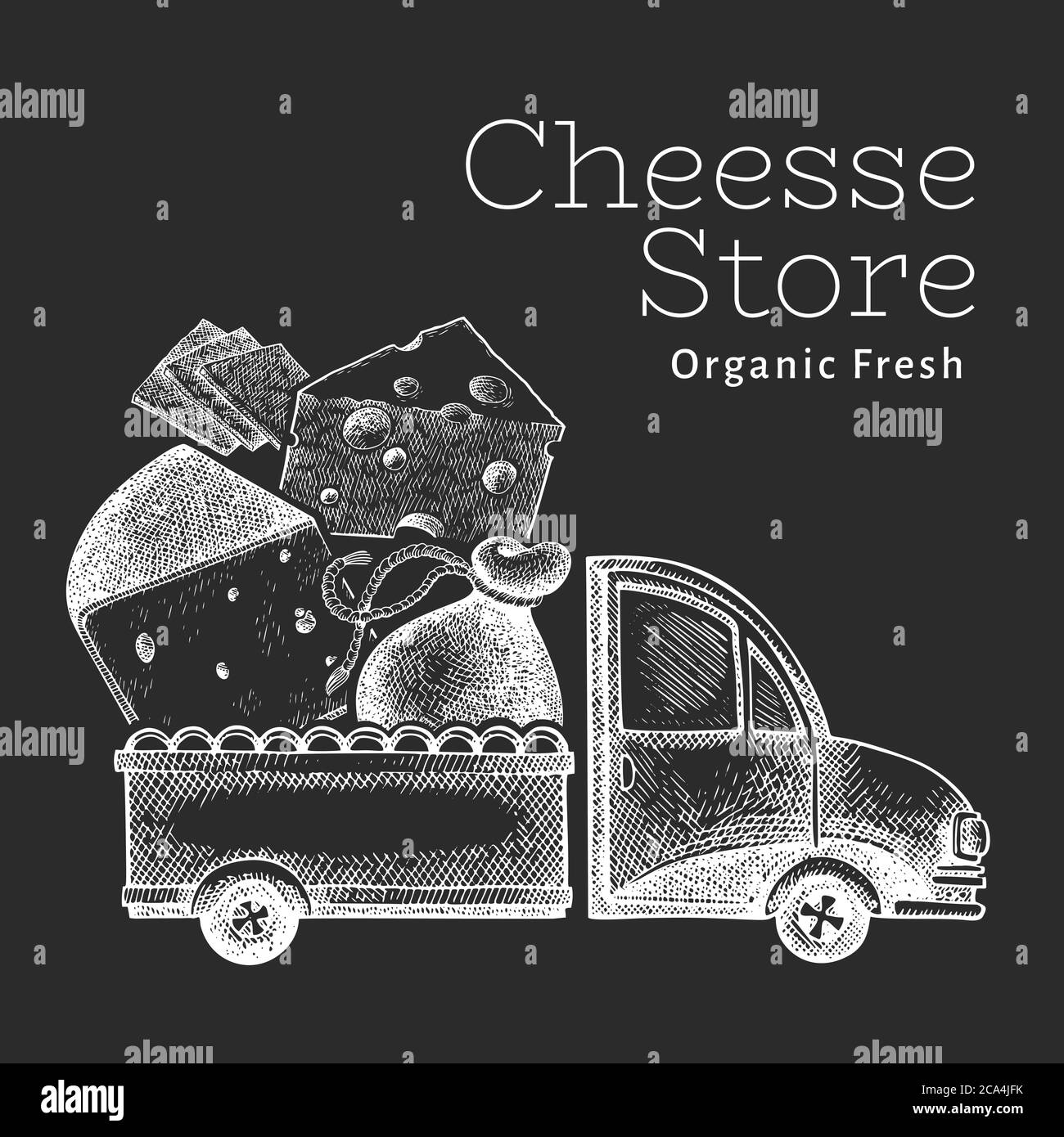 Cheese shop delivery logo template. Hand drawn vector truck with cheese ...