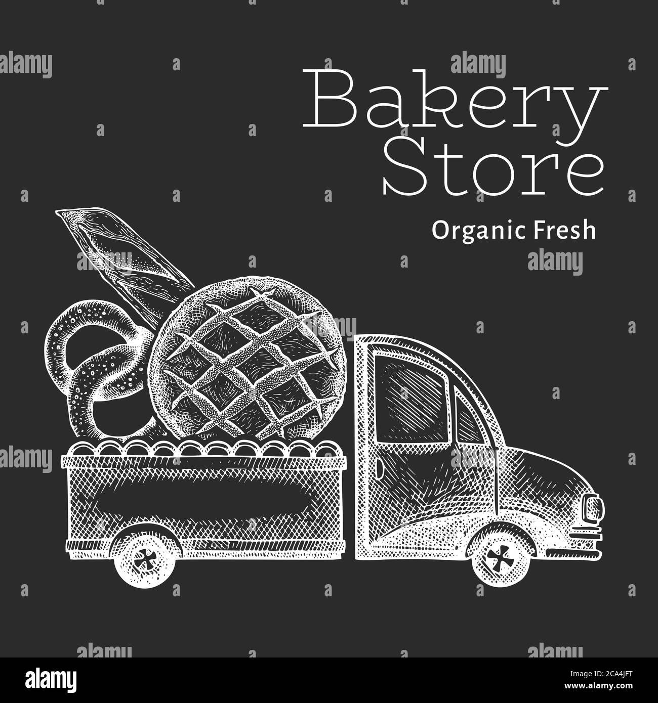 Bakery delivery logo template. Hand drawn vector truck with bread ...