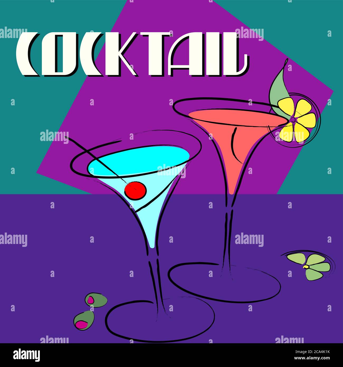 cocktail card design template, with two glasses, hand drawing Stock ...