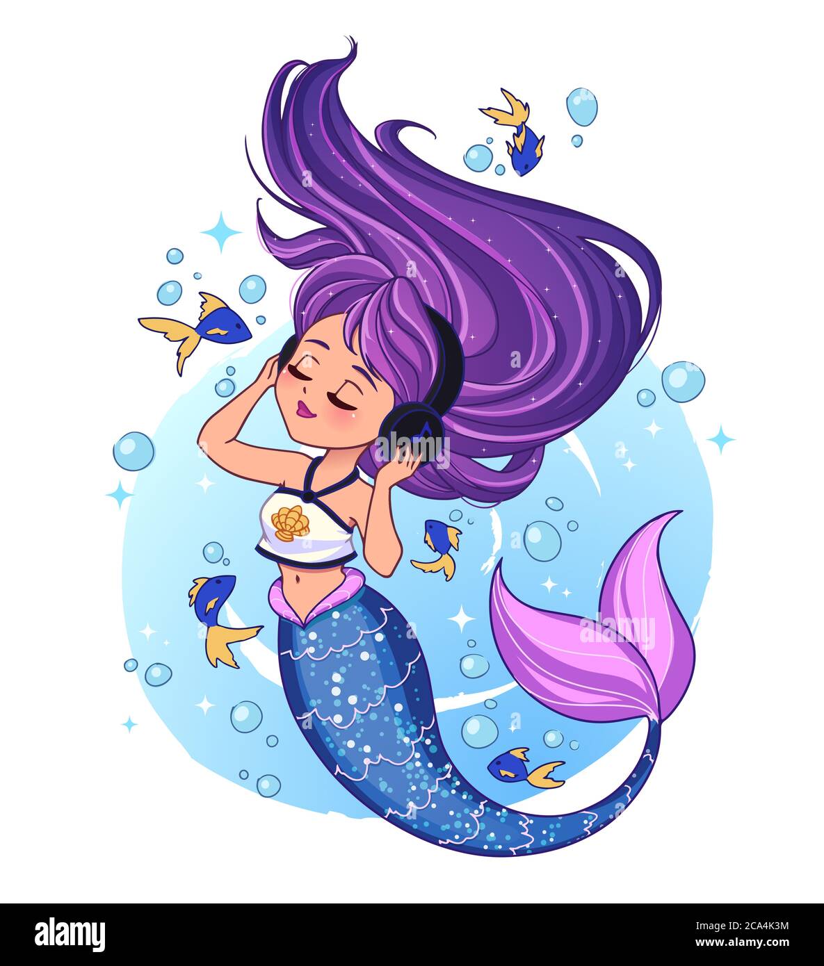 Cute mermaid with tan skin, violet hair and shiny blue tail wearing a t ...
